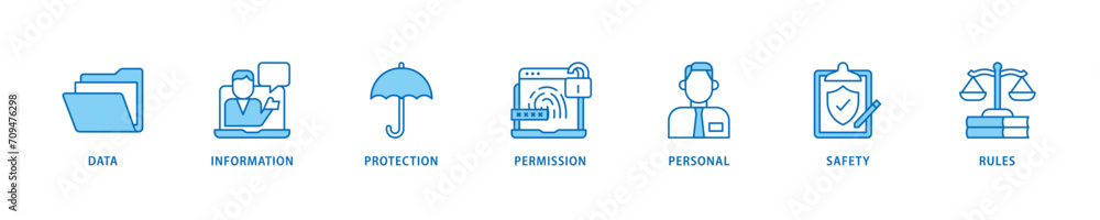 Data protection icon set flow process which consists of data, information, protection ...