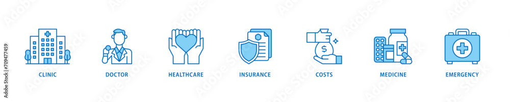 Medicare icon set flow process which consists of emergency, insurance ...