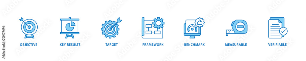 OKR icon set flow process which consists of objective, key results ...
