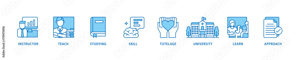 Tutoring icon set flow process which consists of approach, learn, skill ...