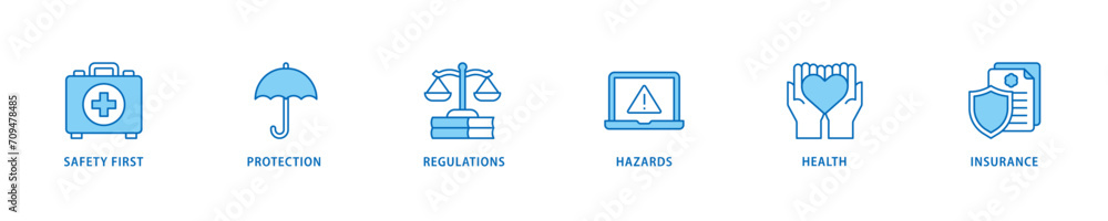 Work safety icon set flow process which consists of safety first ...