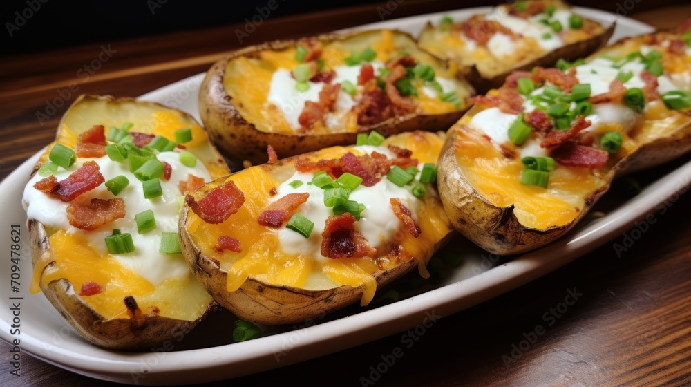 Greasy and indulgent loaded potato skins topped with cheese, bacon, and ...