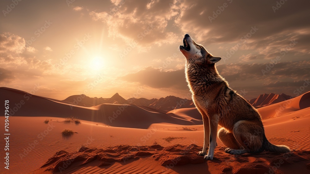 Lone wolf howling in a desert landscape, highlighting its ability to ...