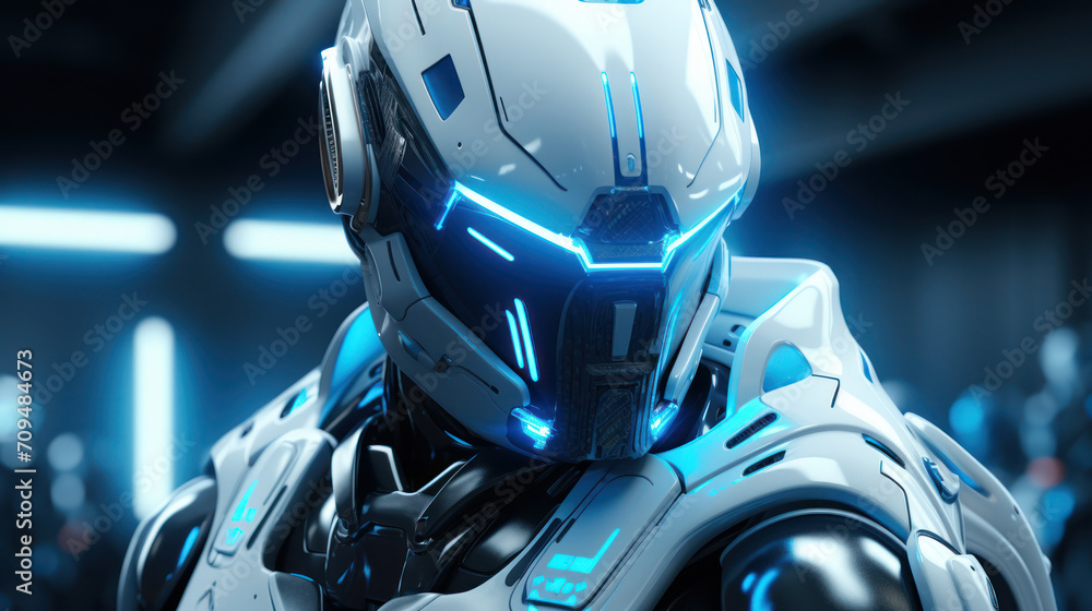 Combat robot in military metal armor. Futuristic cyborg security guard ...