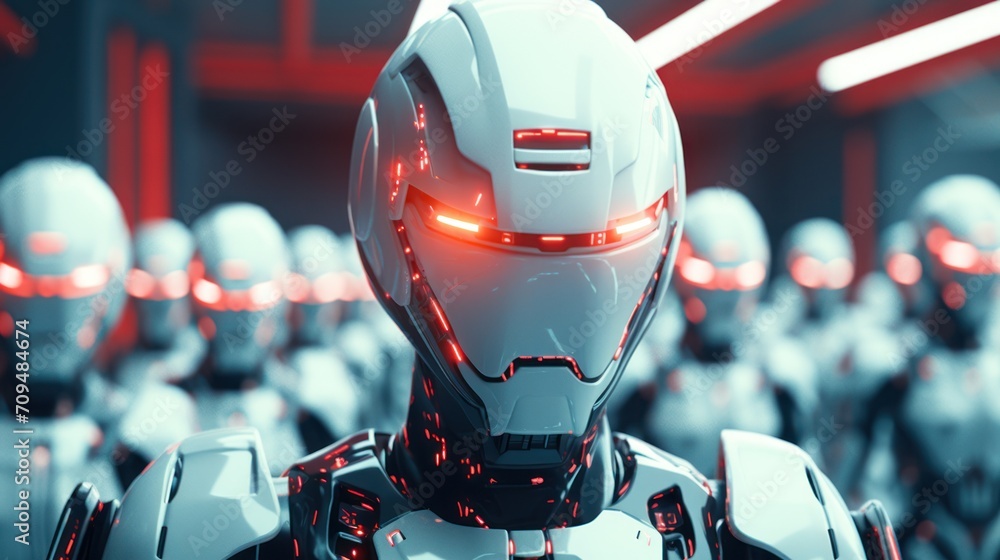 Combat robot in military metal armor. Futuristic cyborg security guard ...