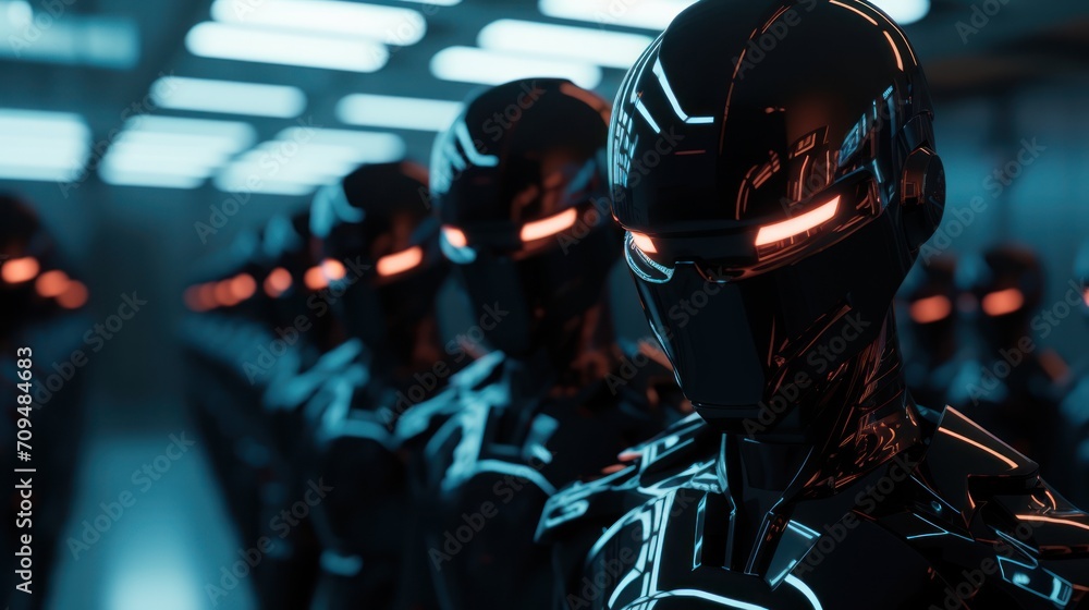 Combat robot in military metal armor. Futuristic cyborg security guard ...