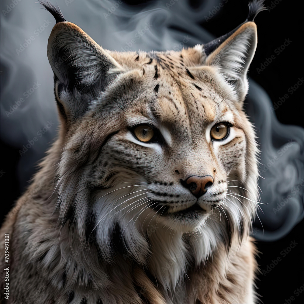 Enigmatic Lynx - Animal portrait in dramatic smoke against black ...