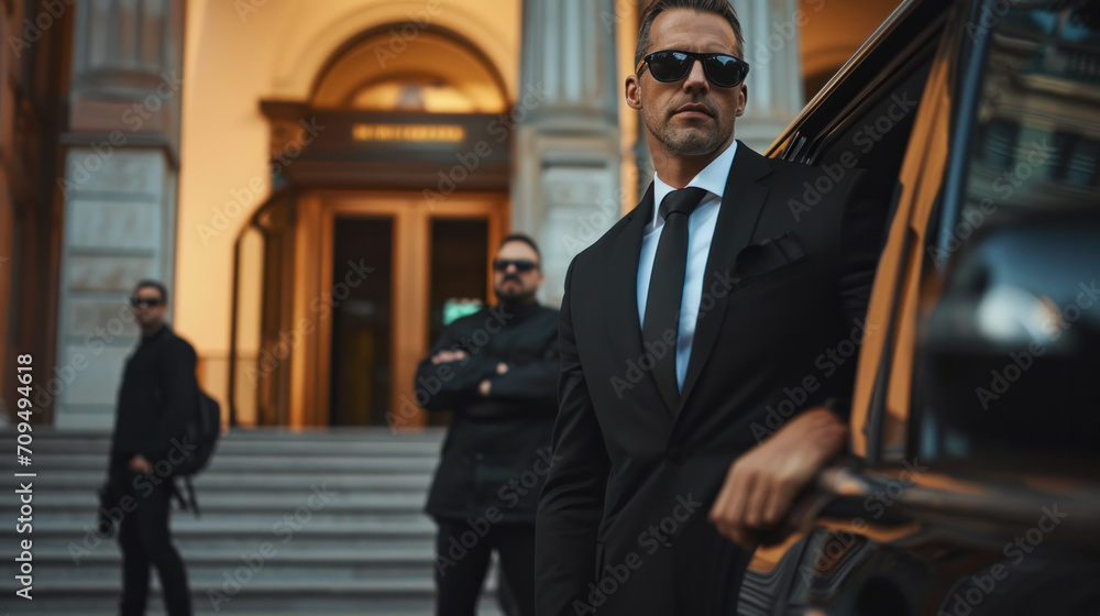 Professional team of male bodyguards at work. protect a VIP celebrity ...