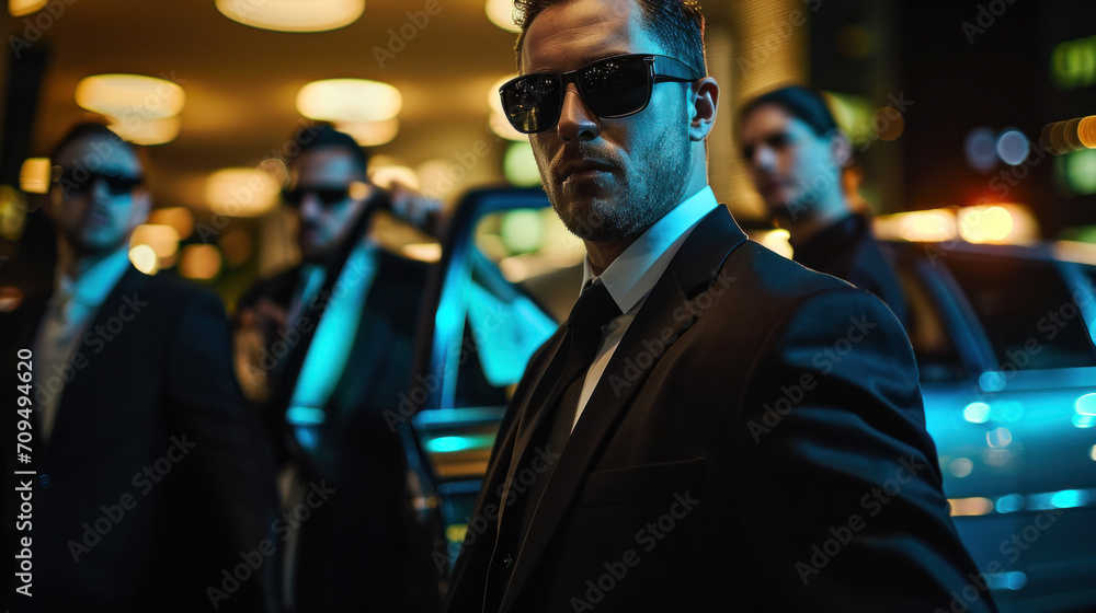 Professional team of male bodyguards at work. protect a VIP celebrity ...