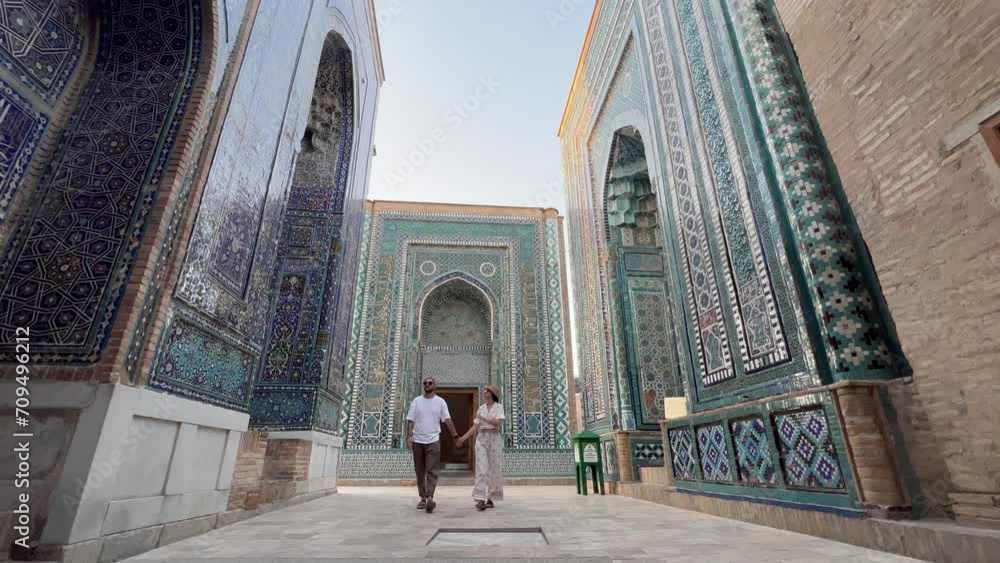Couple Explores Shah-i-Zinda Mausoleum, Samarkand, Uzbekistan. Marvel ...