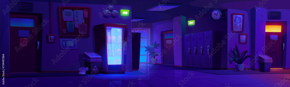 Night school corridor with lockers. Vector cartoon illustration of dark ...