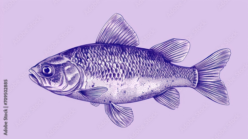a black and white drawing of a fish on a purple background with a black ...