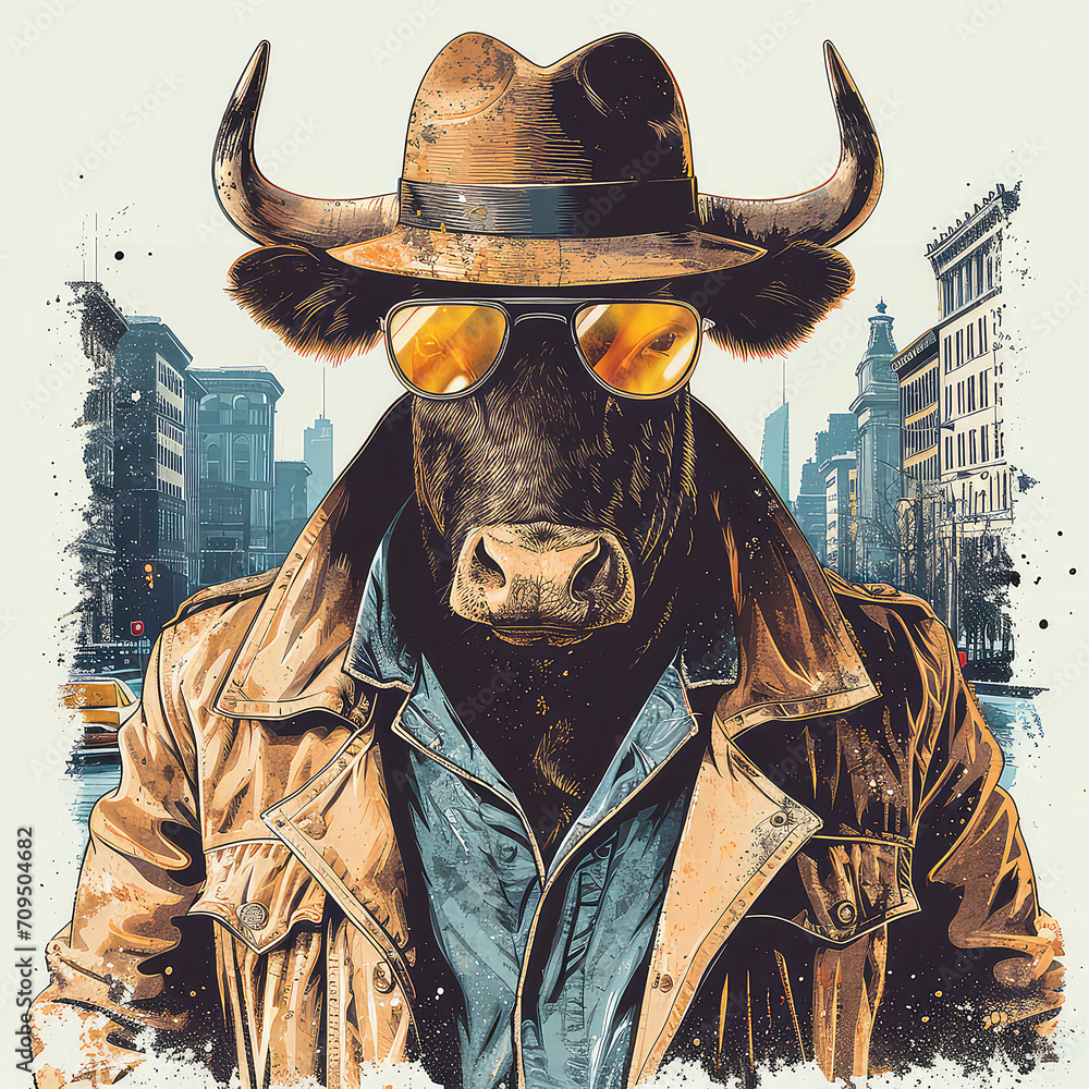 T-shirt design of an artistic bull in a spy costume on a cityscape ...