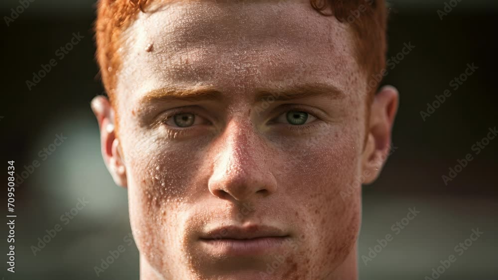 Vidéo Stock A young man with a sharp jawline and freckles that add a ...