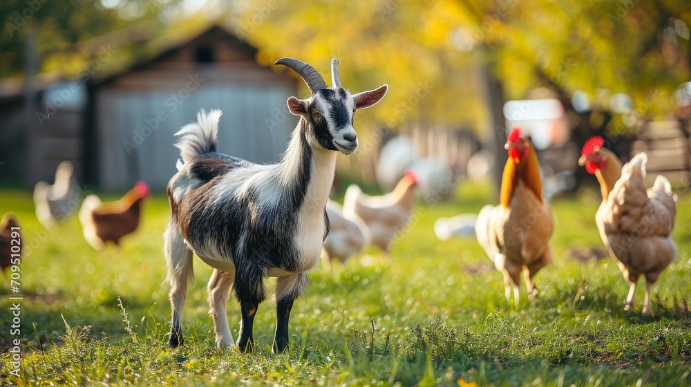 Goat and free range chicken on organic animal farm freely grazing in ...