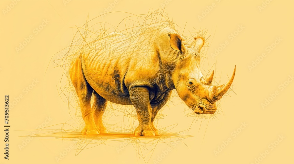 a drawing of a rhinoceros is shown in a yellow and orange color scheme ...