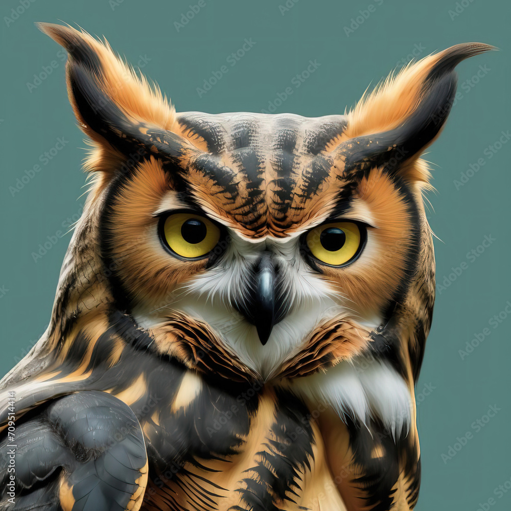 Detailed 8K render of a dramatic portrait of a Great Horned Owl with ...