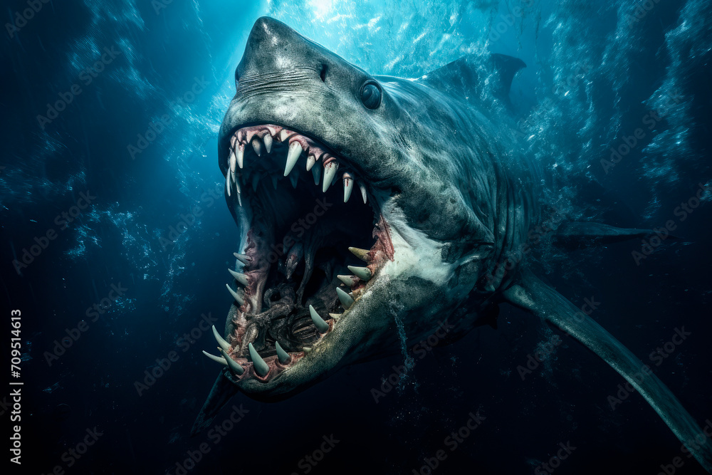 Great white shark with open mouth. Watch out sharks. Marine dangerous ...