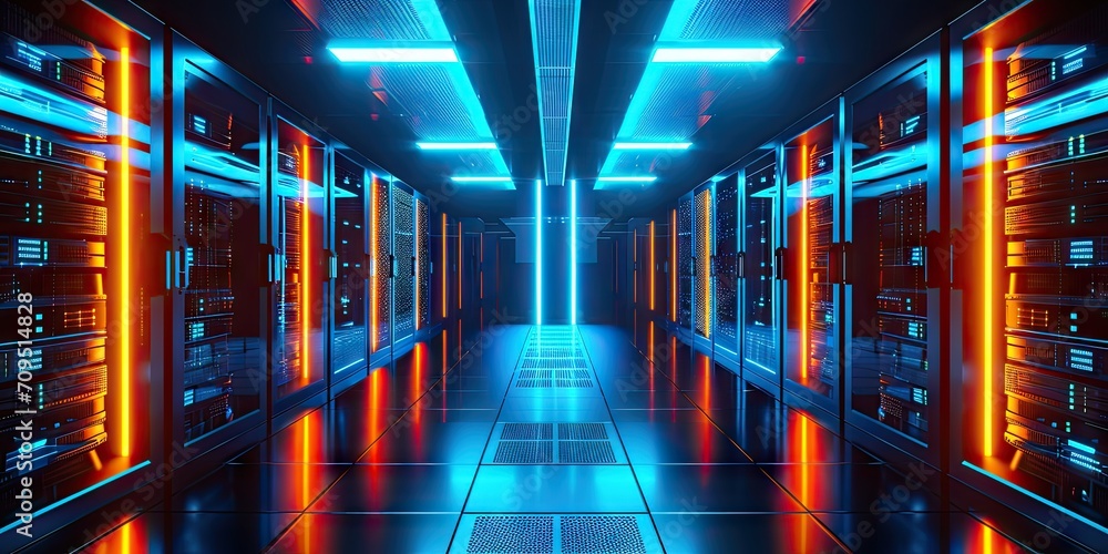 Futuristic data hub. High tech server room with advanced networking ...