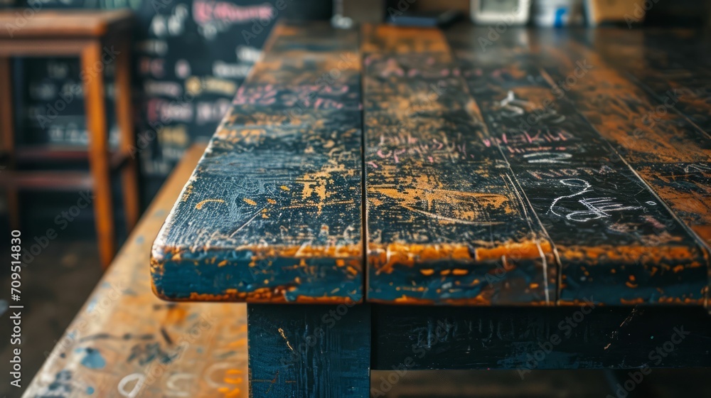 Stained and scratched school desk, etched with doodles and ink marks ...