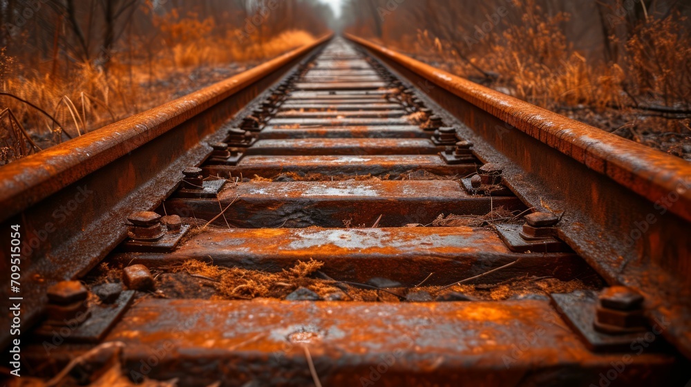 Rust-streaked train tracks with old wooden ties, symbolizing the ...