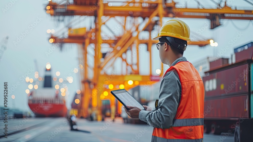 Engineer wearing uniform inspection and see detail on tablet with ...
