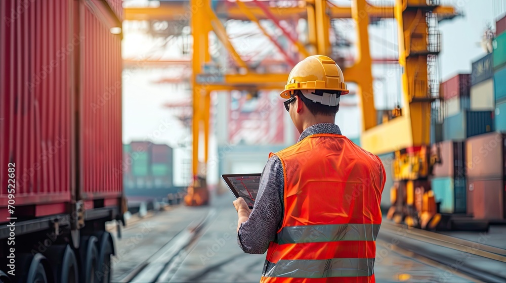 Engineer wearing uniform inspection and see detail on tablet with ...