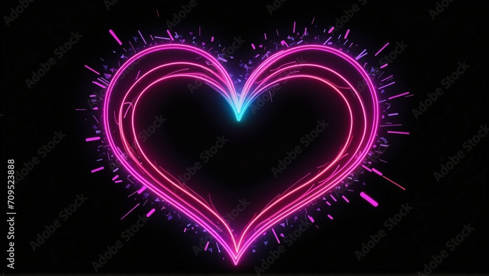 Abstract neon heart on a black background with space for text ...