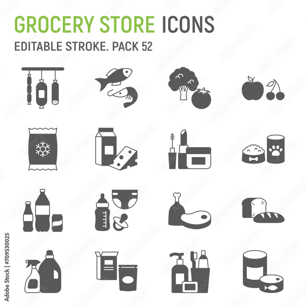 Grocery store glyph icon set, food collection, vector graphics, logo ...
