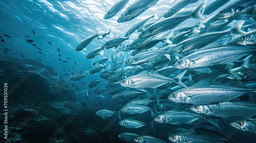 School of blue Indian Mackerel underwater along the dive site main ...