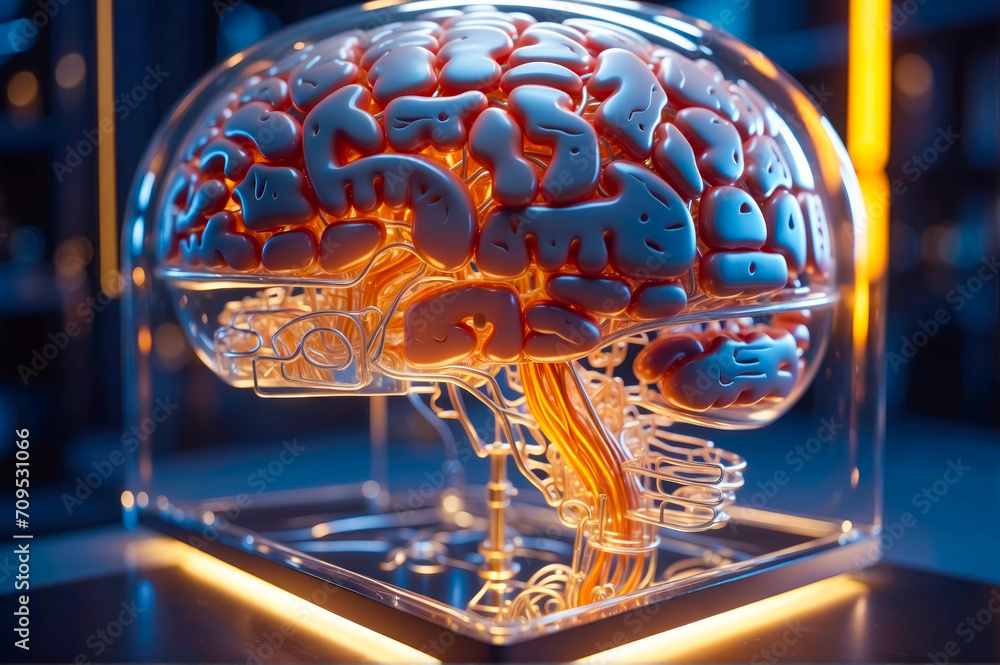 A transparent model of an AI brain is on display in a glass case. The ...