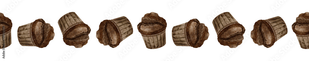 Chocolate muffins. Isolated watercolor seamless border with chocolate ...