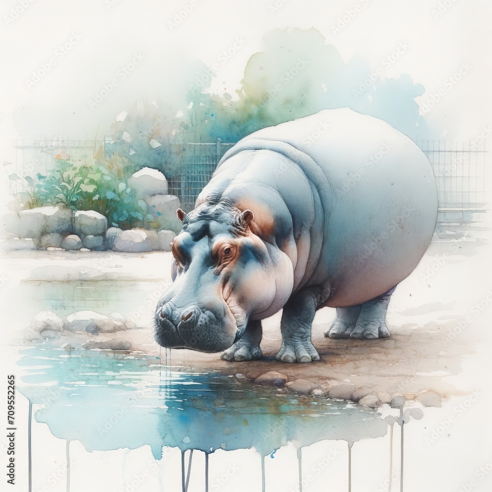 Watercolor portrait of a hippo at rest, evoking wildlife conservation ...