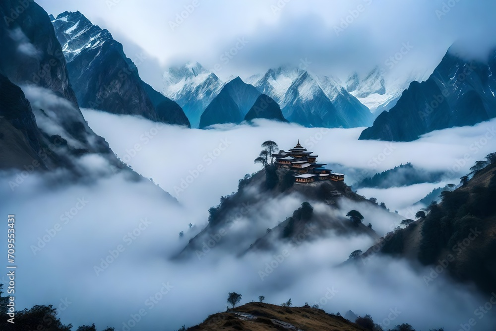 Majestic Himalaya Mountains shrouded in thick mist and fog, snow-capped peaks barely visible ...