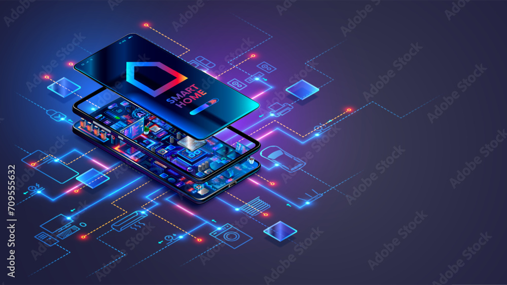 Smart Home Iot System Technology Isometric Concept Smart Devices In Case Smartphone Connection