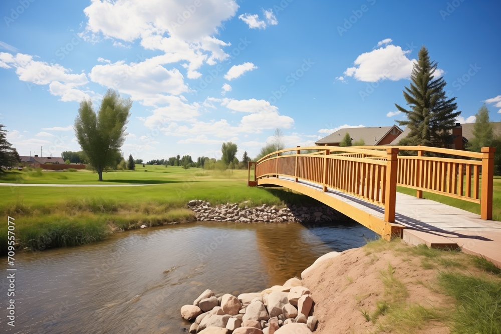 brick footbridge over prairie stream with wooden handrails Stock Photo ...