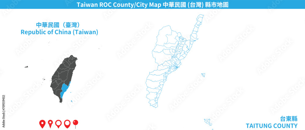 Taiwan Taitung vector map. Detailed map of Taitung County ...