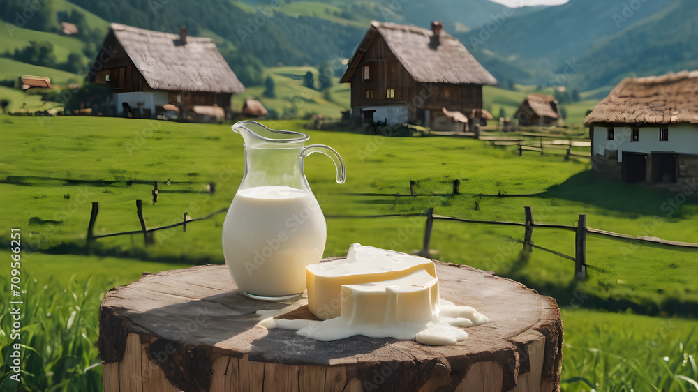 Fresh natural milk with splashes stands on a wooden pedestal stump in a ...