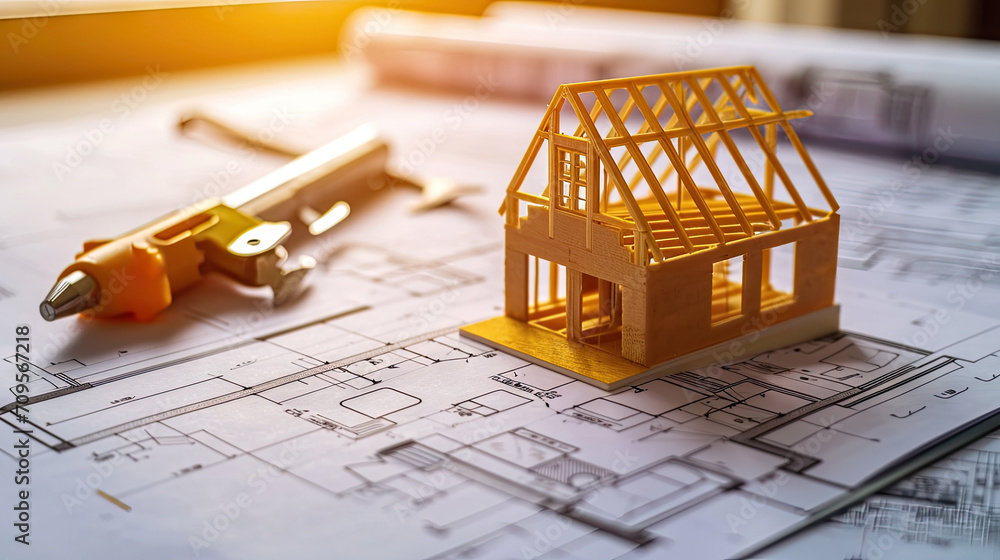 A close up of a model house on top of a blueprint. Suitable for real ...