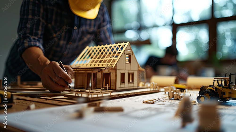 A close up of a model house on top of a blueprint. Suitable for real ...