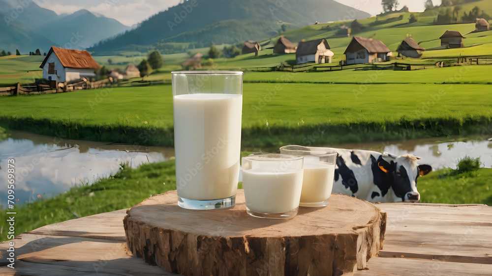 Fresh natural milk with splashes stands on a wooden pedestal stump in a ...