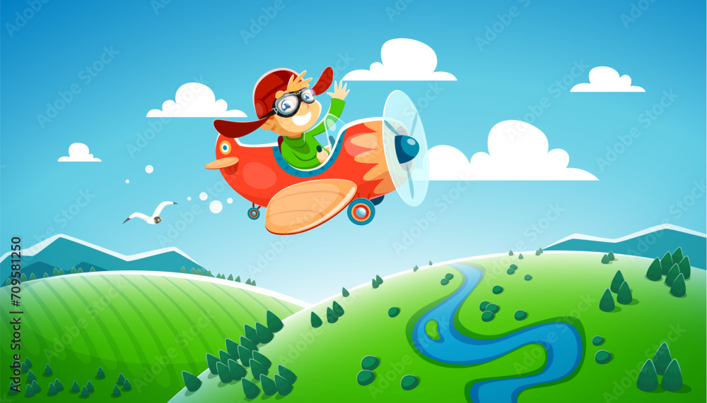 Cartoon kid pilot flying on plane. Child on airplane at cloudy sky ...