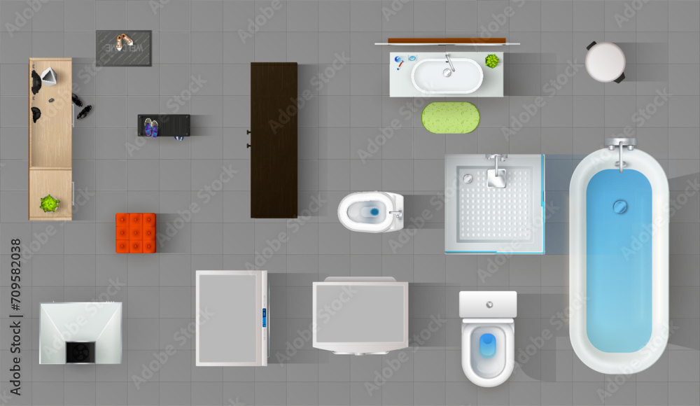 Top view interior or bathroom with furniture on floor, isolated vector ...
