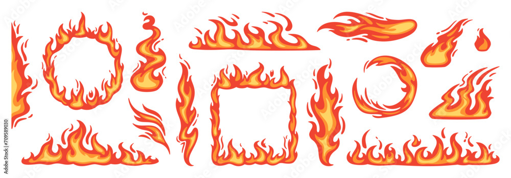 Cartoon red flame. Fire flames, hot fireball, danger wildfire campfire ...