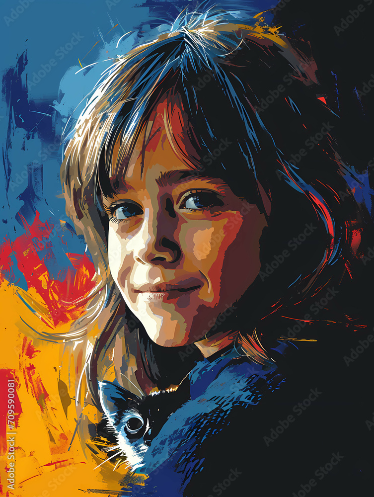 T-Shirt Design Of Abstract Smiling Little Girl, A Girl With A Cat Stock ...