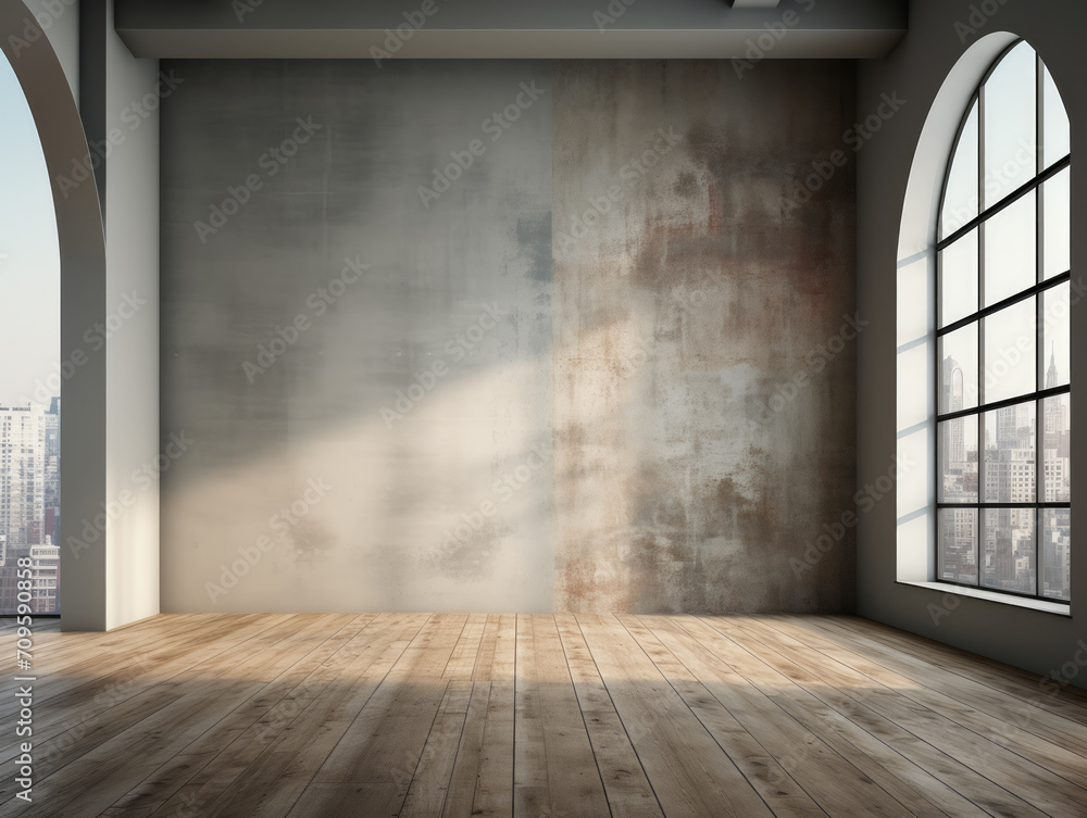 Modern arched window interior with distressed wall and hardwood floor ...