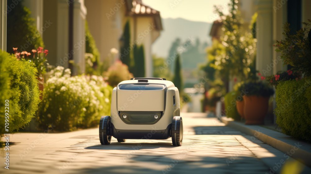 Self-driving delivery drone navigating suburban home walkway. Future of ...