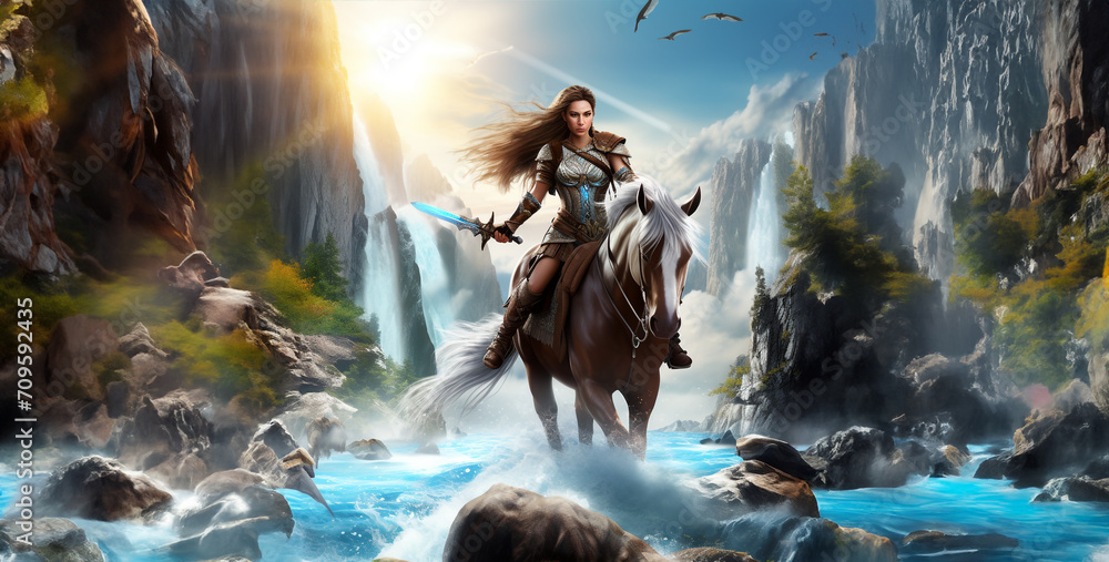 Fantasy scene with a woman warrior riding a horse in front of a ...