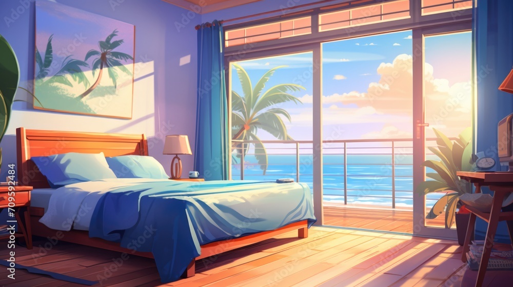 Coastal bedroom sea view interior illustration in cartoon style. Bright ...