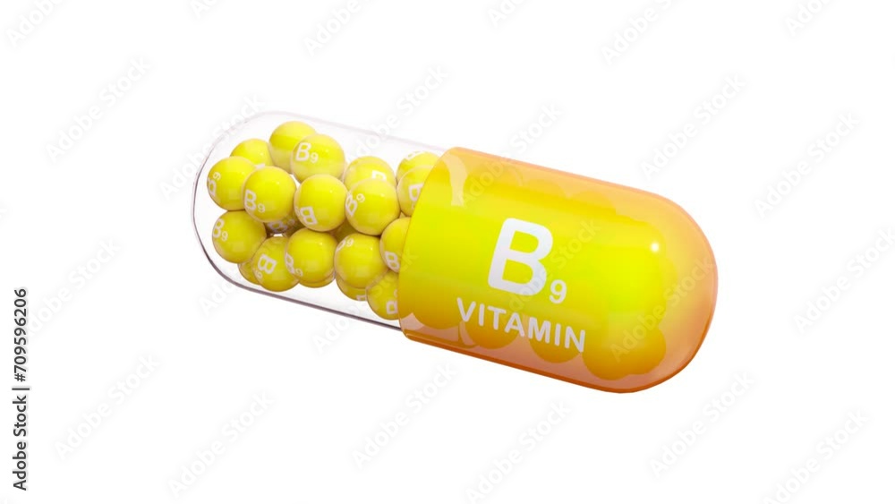Yellow-orange pill or capsule filled with vitamin B9. Seamless loop. 3D ... Yellow-orange pill or capsule filled with vitamin B9. Seamless loop. 3D ...